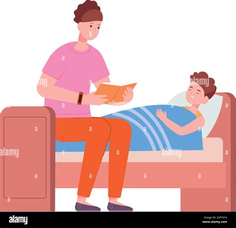 Mother Reading Bedtime Story Son Laying In Bed Isolated On White
