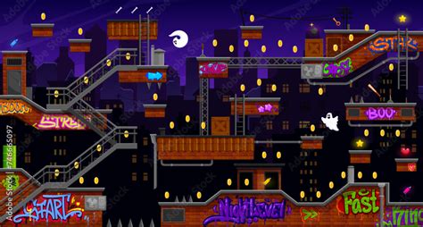 Arcade Building Roof Game Level Map Interface Golden Coins Roof Platforms And Metal Stairs