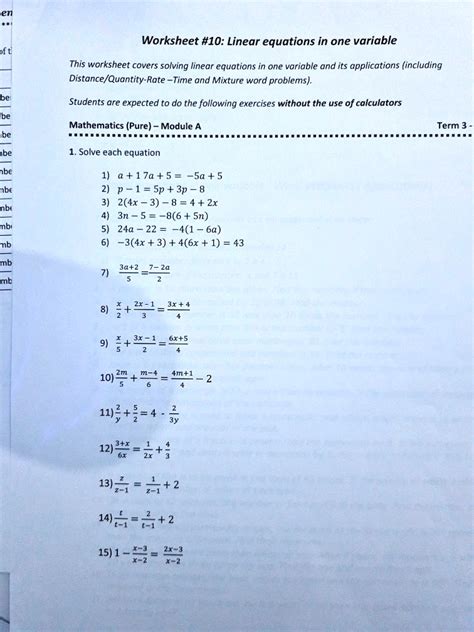 SOLVED Worksheet Linear Equations In One Variable This Worksheet Covers Solving Linear