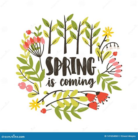 Round Seasonal Decorative Composition With Spring Is Coming Slogan Handwritten With Cursive