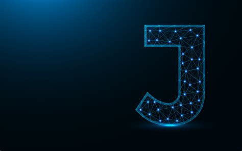 Letter J 로우 폴리 디자인 알파벳 추상 기하학적 이미지 글꼴 와이어 프레임 메쉬 다각형 벡터 일러스트레이션은 진한 파란색 배경의 점과 선으로 만들어졌습니다 0명에