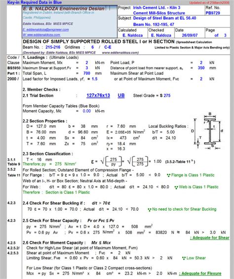Steel Beam Design Spreadsheet Within Simply Supported Steel Beam Design In Accordance To Bs 5950
