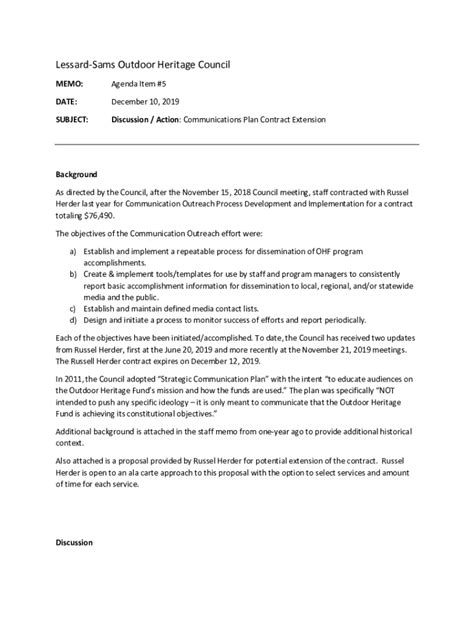 Fillable Online Agenda Item 5 Memo And Attachment Communications Plan Contract Extension Fax
