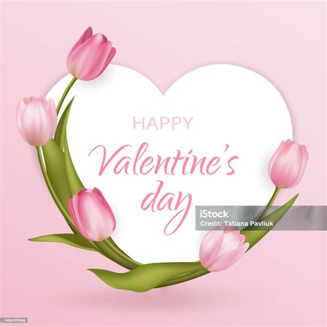발렌타인 데이 판매 핑크 낭만적 인 배경 3d 현실적인 꽃 튤립 템플릿입니다 하트 모양의 흰색 프레임입니다 3차원 형태에 대한 스톡 벡터 아트 및 기타 이미지 Istock