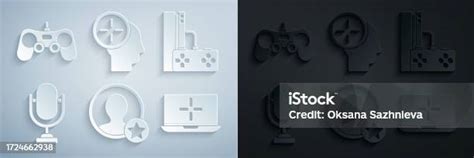프리미엄 계정 만들기 화면 조이스틱이 있는 게임 콘솔 마이크 노트북 헤드 헌팅 개념 및 게임패드 아이콘을 설정합니다 벡터 3차원