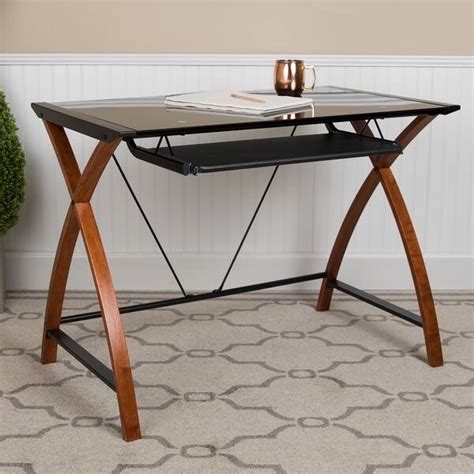 Modern Glass Top Computer Desk With Pull Out Keyboard Tray On Sale