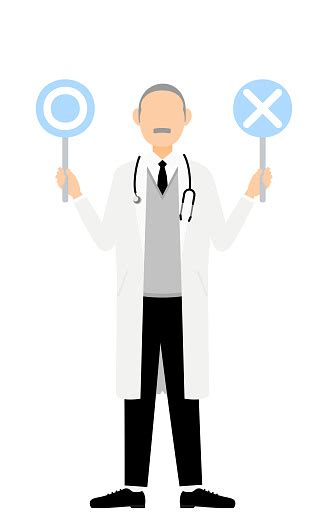 흰색 코트를 입은 선임 남성 의사가 일치하는 답변의 포즈로 교차 된 막대기를 들고 있습니다 가린 얼굴에 대한 스톡 벡터 아트 및