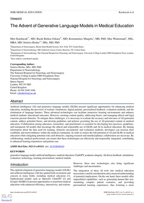 PDF The Advent Of Generative Language Models In Medical Education