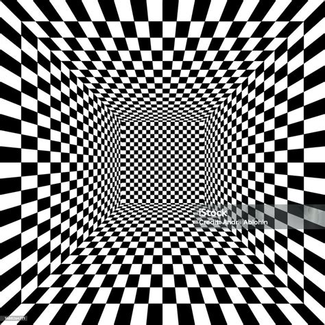 사각형 방 체크 무늬 표면 원근감 있는 복도 스튜디오 또는 포털 텍스처 흑백 패턴이 있는 상자의 내부 구조 3d 치수 가상현실에 대한 스톡 벡터 아트 및 기타 이미지