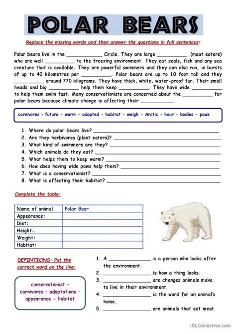 Polar Bears Profile General Vocabula English Esl Worksheets Pdf