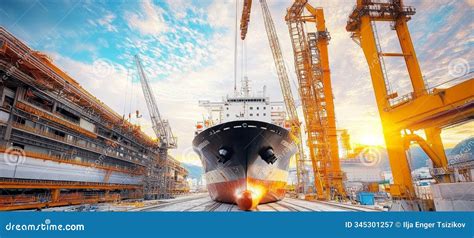 Giant Ship Under Construction In Drydock With Industrial Cranes And