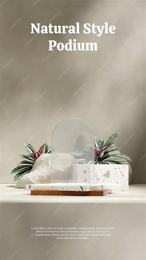 Стеклянная арка и растение калатея 3d рендеринг пустой сцены дерево и терраццо подиум в портрете