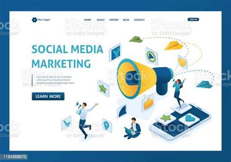 문자와 큰 확성기와 아이소메트릭 소셜 미디어 마케팅 개념 템플릿 랜딩 페이지 경영자에 대한 스톡 벡터 아트 및 기타 이미지 경영자 고객 참여 광고 Istock
