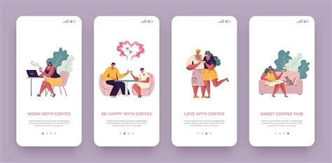 커피 온보드 화면 커피와 말하기를 마시는 만화 캐릭터와 최신 모바일 응용 프로그램 Ui 벡터 웹 앱 템플릿 개체 그룹에 대한 스톡 벡터 아트 및 기타 이미지 Istock