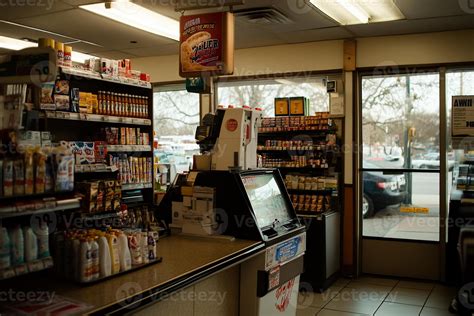 A Convenience Store Interior With Shelves Stocked With Various Products