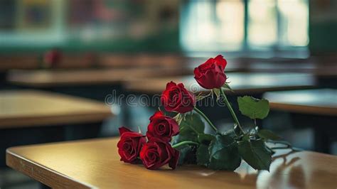 Red Roses On A Classroom Desk Stock Illustration Illustration Of Table Stem 350856977
