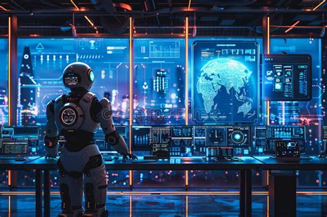 Ai Robots With Screens Displaying Real Time Data Analysis And Learning Big Data In The World