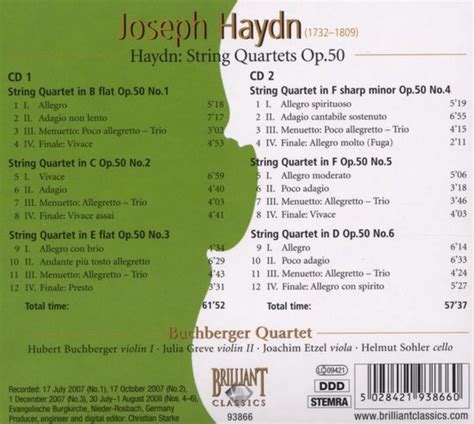 Haydn String Quartets Volume 9 Opus 50 Buchberger Quartet Cd Album