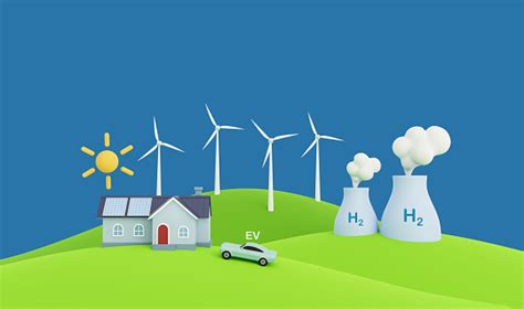 지붕 풍차 수소 플랜트 및 전기 자동차에 태양 전지 패널을 렌더링하는 3d 순 제로 개념 0명에 대한 스톡 사진 및 기타 이미지 Istock