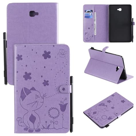 삼성 갤럭시 탭 A101 2016 T580 고양이 꿀벌 엠보싱 패턴 충격 방지 테이블 Pc 홀더 및 카드 슬롯 및 지갑 및 펜 슬롯이있는 보호 수평 플립 가죽 케이스