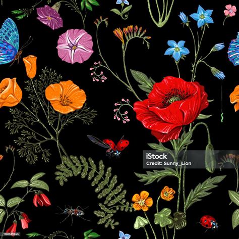 여름 벡터 원활한 패턴입니다 식물 벽지 식물 곤충 빈티지 스타일의 꽃 프로방스 스타일의 나비 딱정벌레와 식물 그려진 자연 벽지 여름 배경 0명에 대한 스톡 벡터 아트 및