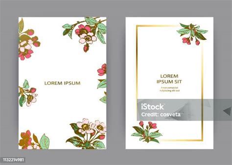 식물 결혼식 초대장 템플릿 디자인 손으로 그린 사쿠라 꽃과 나뭇가지에 잎 빈티지 시골 벚꽃 화이트 골드 배경 레트로 스타일