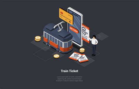 온라인 트램 티켓 구매 앱 및 대중 교통 개념 남성 캐릭터 구매 티켓 온라인 시티 트램 정류장에서 도시 교통의 단순성과 편리함 아이소메트릭 3d 카툰 벡터 일러스트레이션