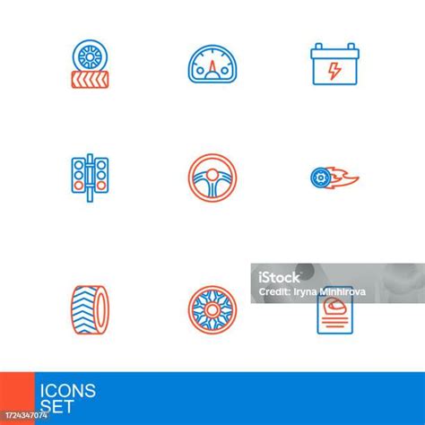 세트 라인 레이싱 헬멧 자동차 용 알로이 휠 자동차 타이어 휠 화재 불꽃 신호등 스티어링 배터리 및 속도계 아이콘 벡터 교통에 대한 스톡 벡터 아트 및 기타 이미지 Istock