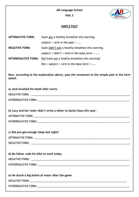 Simple Past Affirmative Negative Interrogative Worksheet