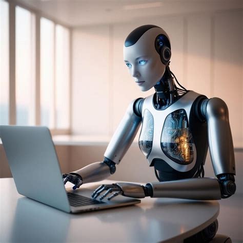 A Robot Sits On A Table With A Laptop In Front Of It Premium Ai