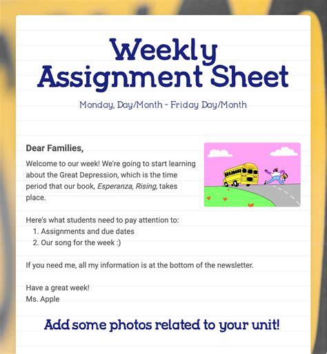 Weekly Assignment Sheet School Newsletters Smore