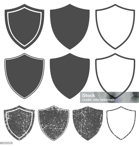 웹 보안 방패 아이콘 모양 기호 집합입니다 경찰 배지 아이콘 기호 컬렉션입니다 벡터 일러스트 이미지입니다 흰색 배경에 격리되어