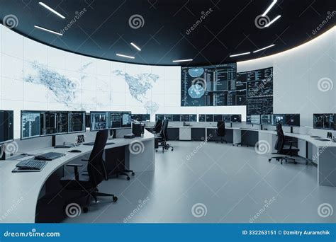Modern Security System Control Room Workstation With Multiple Displays Monitoring Room Within