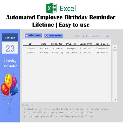 Automated Employee Birthday Reminder Excel Template Lifetime Shopee