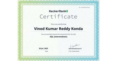 Konda Vinod Kumar Reddy On Linkedin Hackerrank Skill Certificate