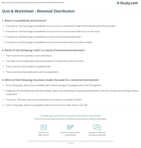 Quiz And Worksheet Binomial Distribution