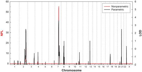 the multipoint parametric and nonparametric linkage scores across the