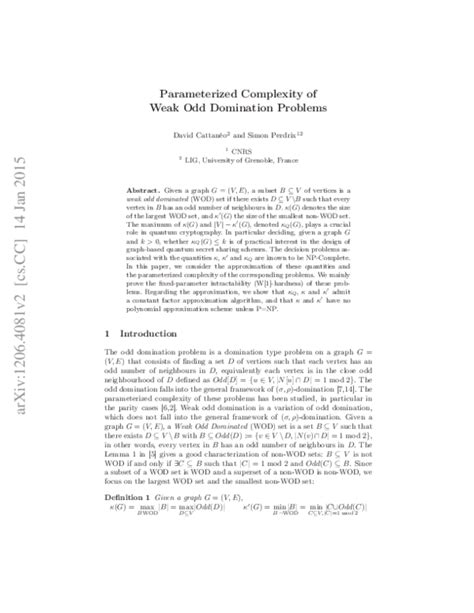 Pdf Parametrized Complexity Of Weak Odd Domination Problems Simon Perdrix