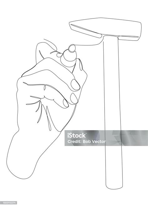 펠트 끝 펜으로 그려진 해머의 연속 선 가는 선 일러스트레이션 벡터 건설 산업 개념입니다 등고선 그리기 창의적인 아이디어 강철에