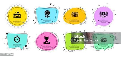 수상자 아레나 및 수상자 메달 아이콘 세트 성공 우승자 연단 및 스포츠 경기장 표지판 타이머 기호입니다 벡터 Championship에 대한 스톡 벡터 아트 및 기타 이미지