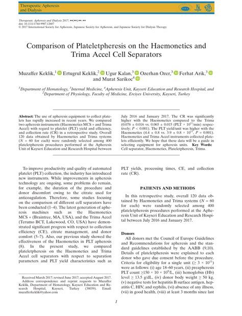Pdf Comparison Of Plateletpheresis On The Haemonetics And Trima Accel Cell Separators