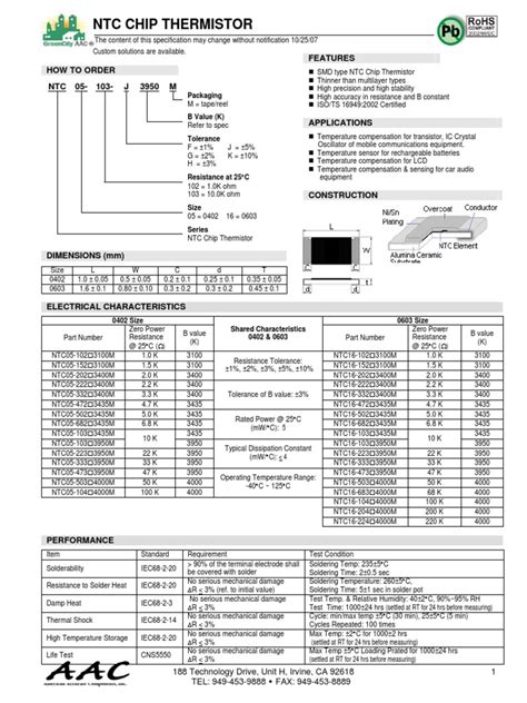 Specifications And Performance Characteristics For Ntc Chip Thermistors Pdf Electrical