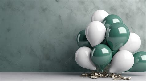 녹색 콘크리트 배경의 멋진 3d 렌더링을 배경으로 흰색으로 된 생동감 넘치는 새해 풍선 풍선 3d 풍선 풍선 장식 배경