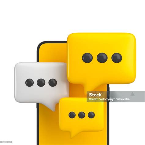 채팅 메시지 음성 대화 또는 통신 유형 대화를 스마트폰 노란색 화면에서 버블 업합니다 댓글 스레드 언급 또는 회신 기호 개념이 있는 휴대폰 사용 3d 렌더링 3차원 형태에