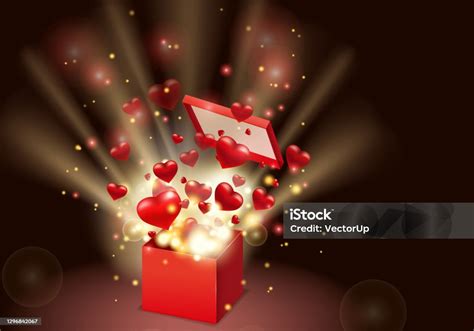 해피 발렌타인 데이 선물 상자 는 비행 마음과 빛의 밝은 광선 버스트 폭발선물을 엽니 다 해피 발렌타인 데이 선물 상자 벡터 일러스트 포스터 배너 카드 격리 색종이 조각에