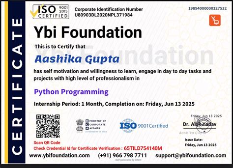 🌟 Grateful To Have Successfully Completed My Python Programming Internship With Ybi Foundation