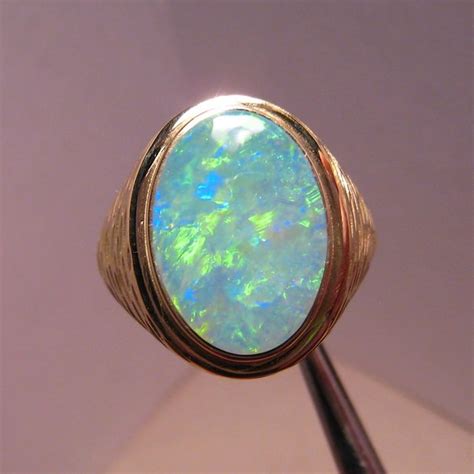 Mens Large Oval Opal Ring 14k Gold Textured Band Mens Opal Rings