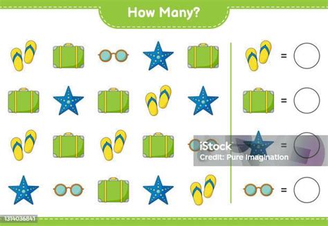 계산 게임 얼마나 많은 수하물 불가사리 선글라스 플립 플롭 교육 어린이 게임 인쇄 워크 시트 벡터 일러스트레이션 0명에 대한 스톡 벡터 아트 및 기타 이미지 Istock