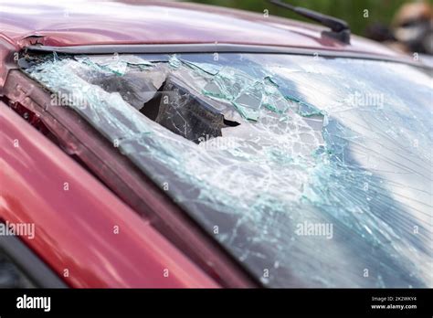 Close Up Of A Car With A Broken Windshield After A Fatal Crash Consequence Of A Fatal Car