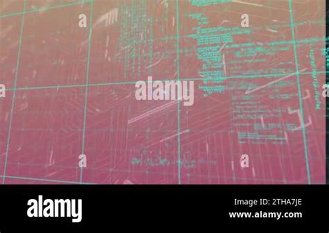 Animation Of Programming Data Grid And Light Over Graphical Circuit Board With Moving Signals